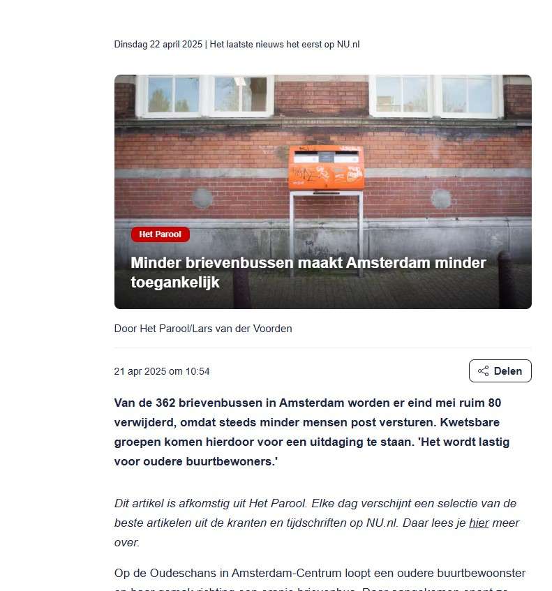 Artikel op nu.nl over verdwijnen brievenbussen in Amsterdam ANBO-PCOB